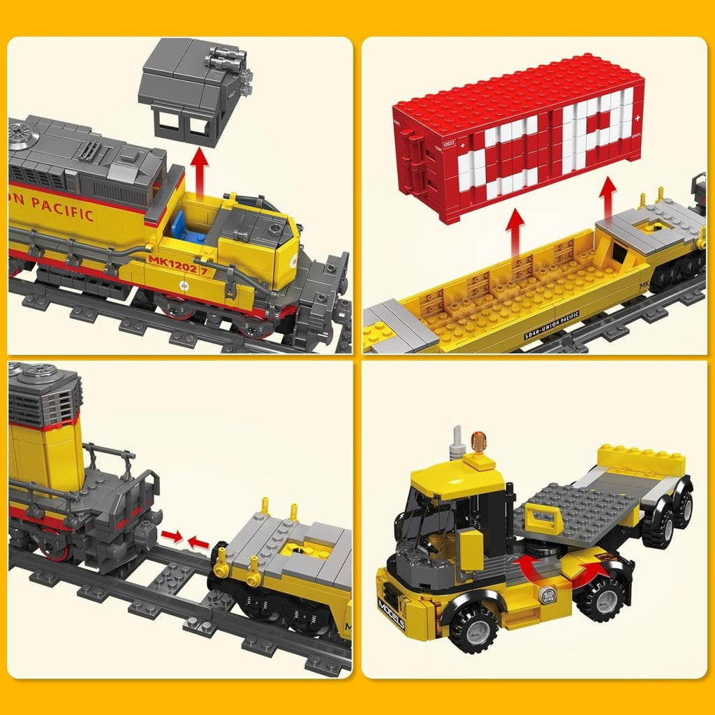 Mould King 12027 Diesellokomotive SD40-2 mit Tieflader und Verladekran ...